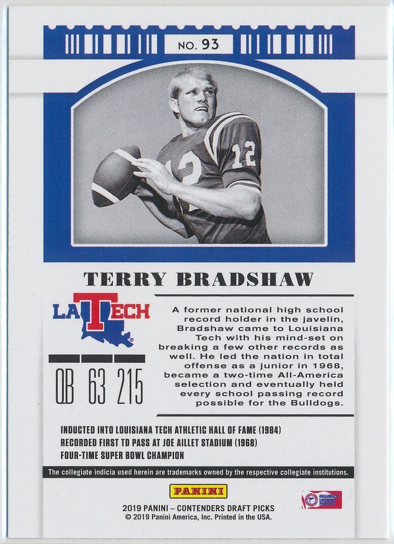 2019 Panini Contenders Draft Picks - Season Ticket #93 Terry Bradshaw ...