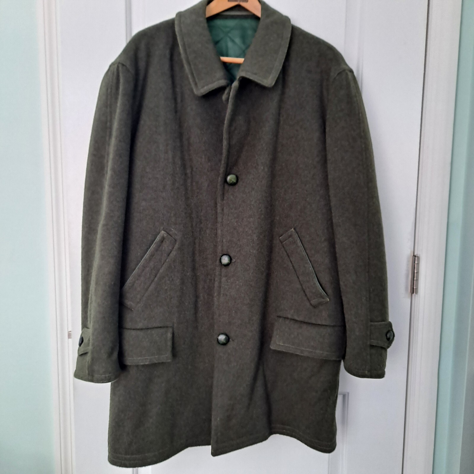 Vintage Italian Mens Overcoat Wool Leather Buttons La… - Gem