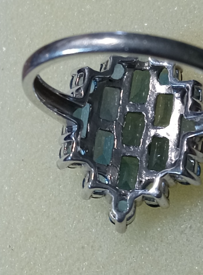 Blue topaz sterling cluster STS ring Beautiful sz 9 Round /Emerald cut ...