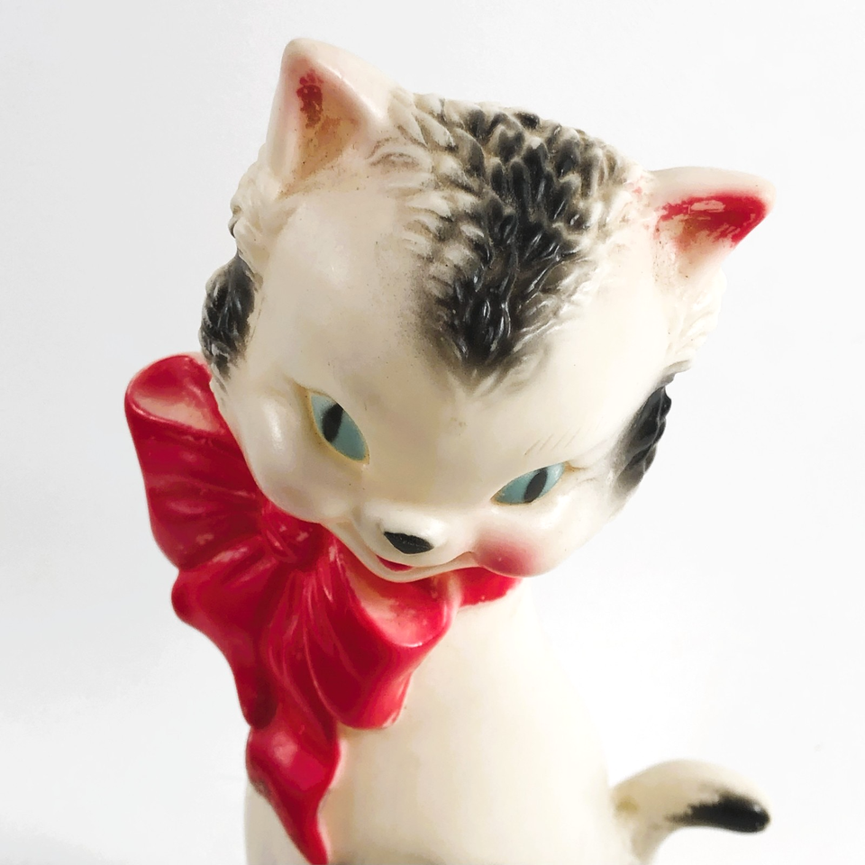 Vintage 1950's Sun Rubber Co Cat White Black Squeaky Toy Red Bow Kitsch ...