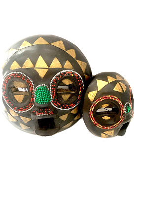 2 African Tribal Masks Wood Handcrafted in Ghana Black Gold Beaded ...