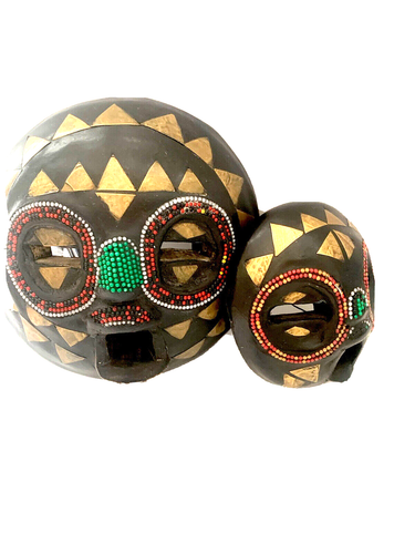 2 African Tribal Masks Wood Handcrafted in Ghana Black Gold Beaded ...