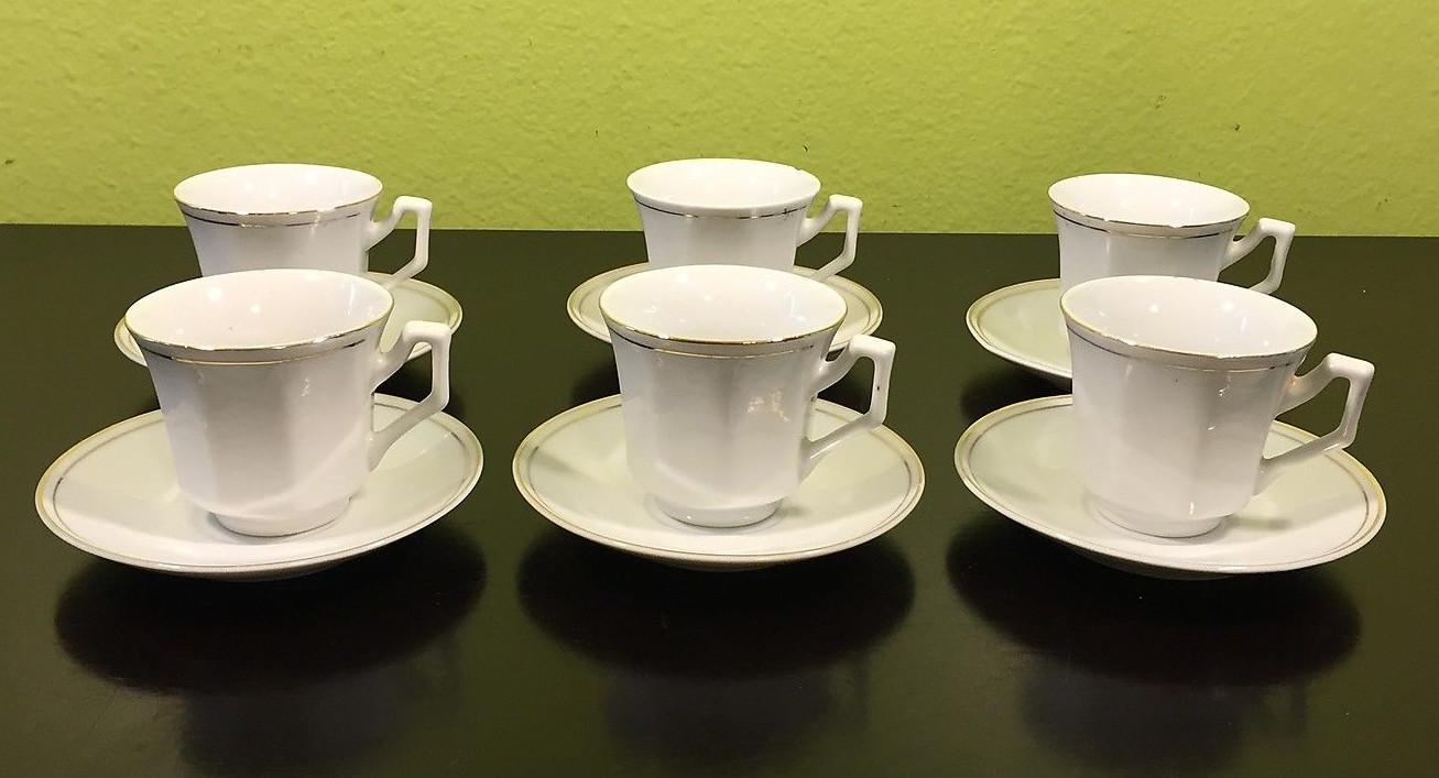 6 ESPRESSO COFFEE CUPS SAUCERS ALPINE CUISINE FINE PORCELAIN Gold ...