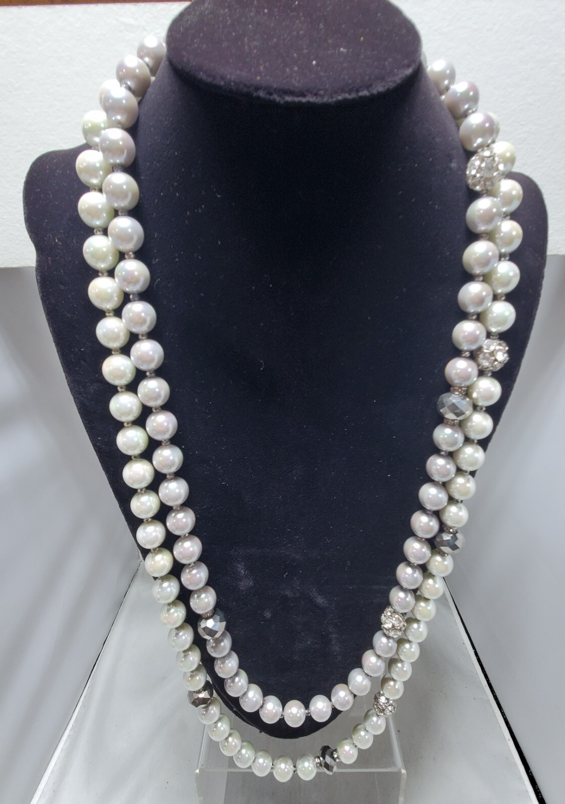 ALI KHAN glass pearl rhinestone 2 single strand necklace with gift box ...