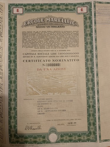 Certificato Azionario - Ercole Marelli da 1 azione - 15 settembre 1965 ...