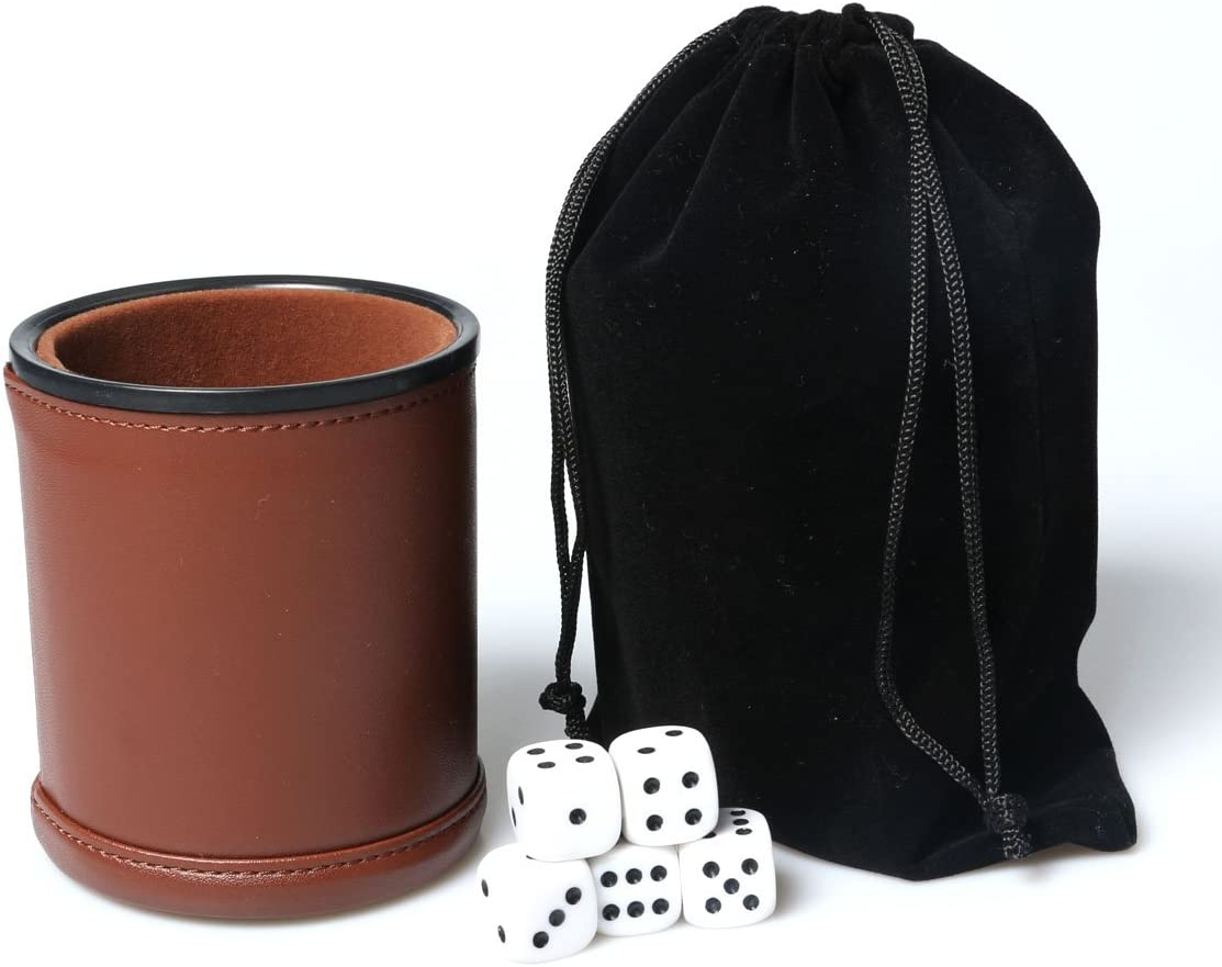 Leather Dice Cup Set Felt Lining Quiet Shaker with 5 Dot Dices for ...