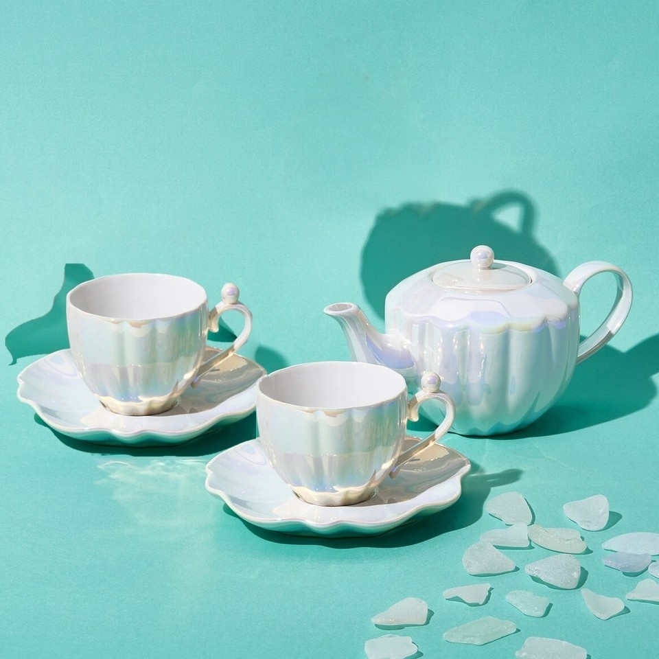 Francfranc Opal Shell White Set Teapotx1 Cup&Saucerx2 Cute Round Shape ...