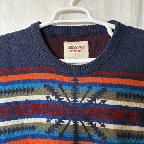 MOSSIMO Men's Blue Aztec Pattern Crew Neck Cotton Pullover Sweater Size ...