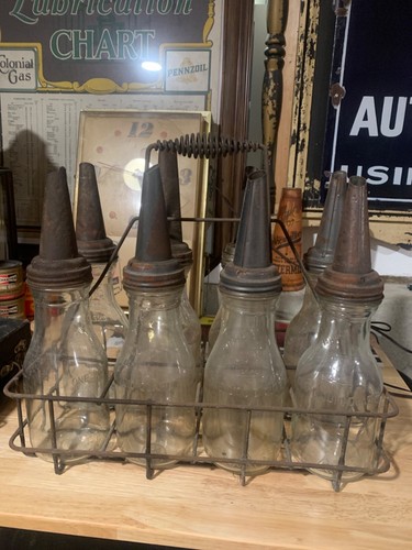 Antique Vintage Set Of 8 Glass Motor Oil Bottles With Tin Tops, In ...