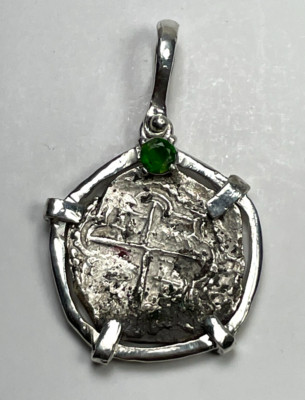 Spanish Silver 2 Reale Cob Sterling Silver Bezel with Emerald Gemstone ...
