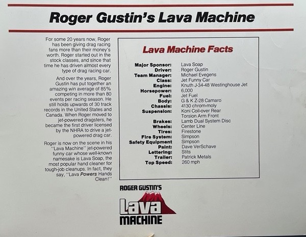 VRHTF NHRA VTG VERY RARE ROGER GUSTIN LAVA JET FUNNY CAR HAND OUT | eBay