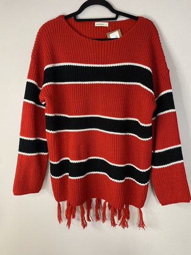 Red & Black Striped Fringed Distressed Pullover Sweater AndTheWhy ...