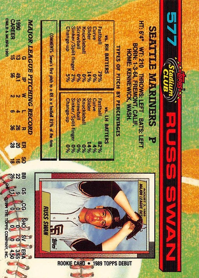 Russ Swan 1991 Stadium Club 577 Seattle Mariners Baseball Card | eBay