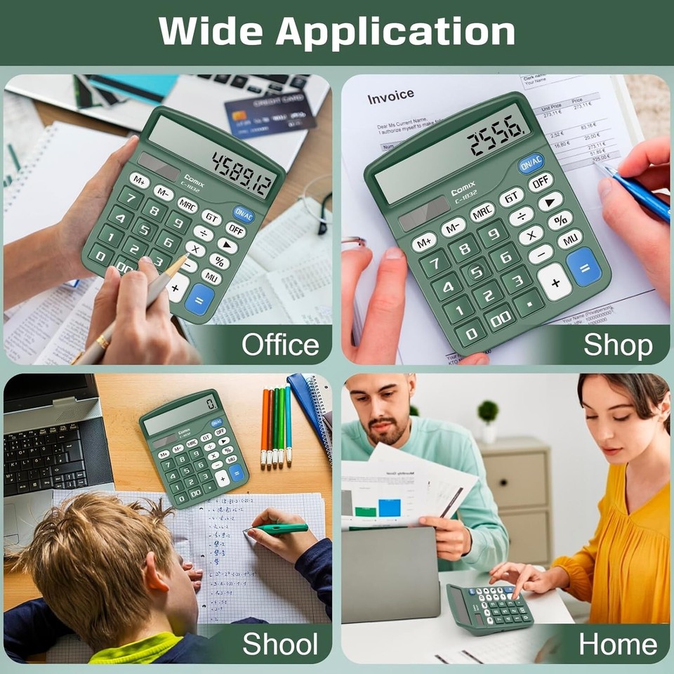 Desk Calculator 12-Digit Solar Battery Office Calculator with Large LCD ...
