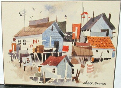 JERRY BECKER "SEA TOWN" SMALL ORIGINAL WATERCOLOR SEASCAPE DOCK ...
