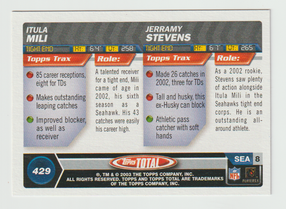 2003 Topps Total Football #429 Itula Mili / Jerramy Stevens - Seattle ...