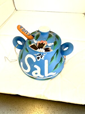 Vintage Handmade Cuban Folk Art POTTERY Lidded Salt Box w/ Spoon Blue ...