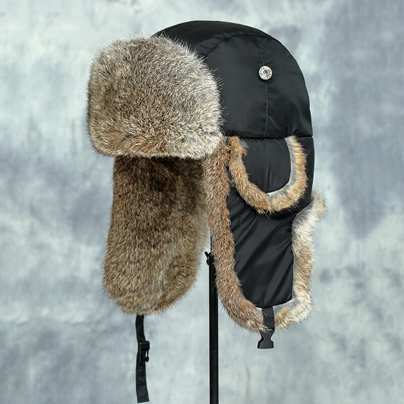 Unisex Winter Natural Rabbit Fur Hats Russian Earflaps Trapper Cap Warm ...