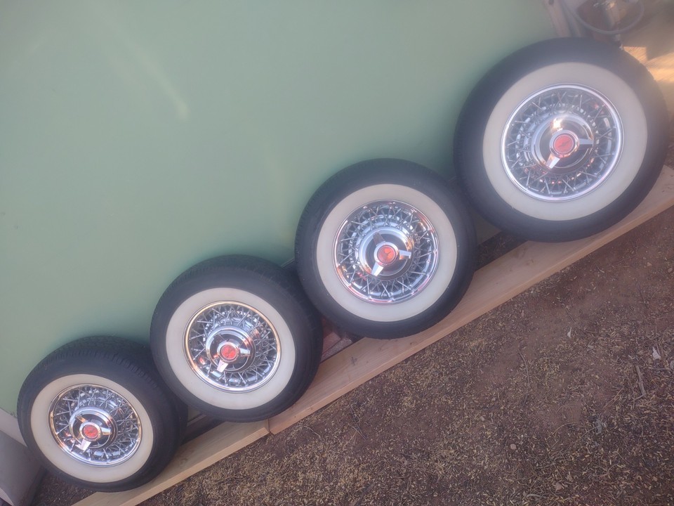 4 FORD GM 14" SPOKE WIRE WHEELS COKER CLASSIC 215/75/14 TIRES ...