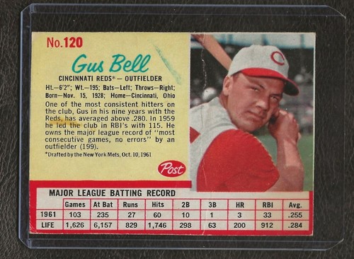 1962 Post Cereal #120 Gus Bell, Cincinnati Reds, Fair! | eBay