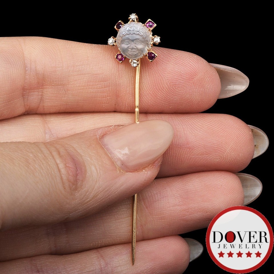 Antique Diamond Ruby Moonstone 14K Gold Stick Pin 1.8 Grams NR | eBay