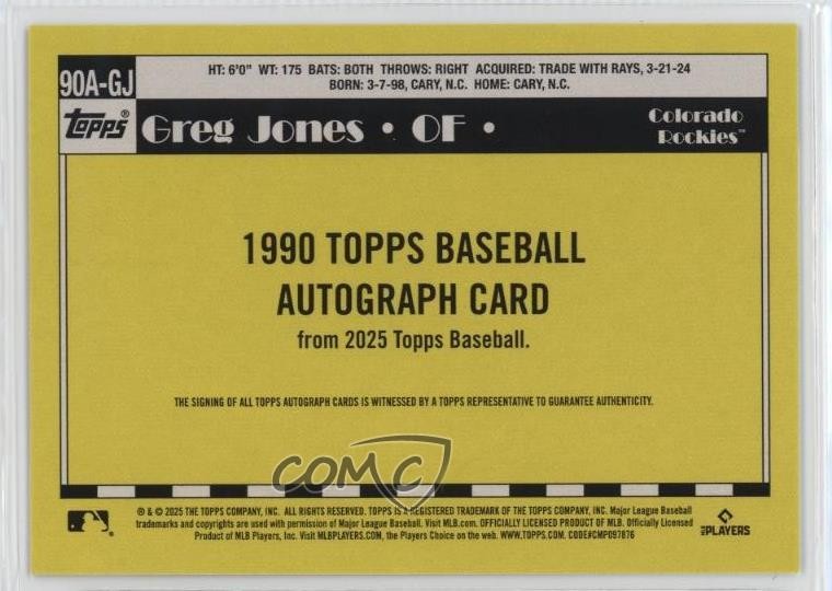 2025 Topps Series 1 1990 Topps Baseball Auto Greg Jones #90A-GJ Auto ...