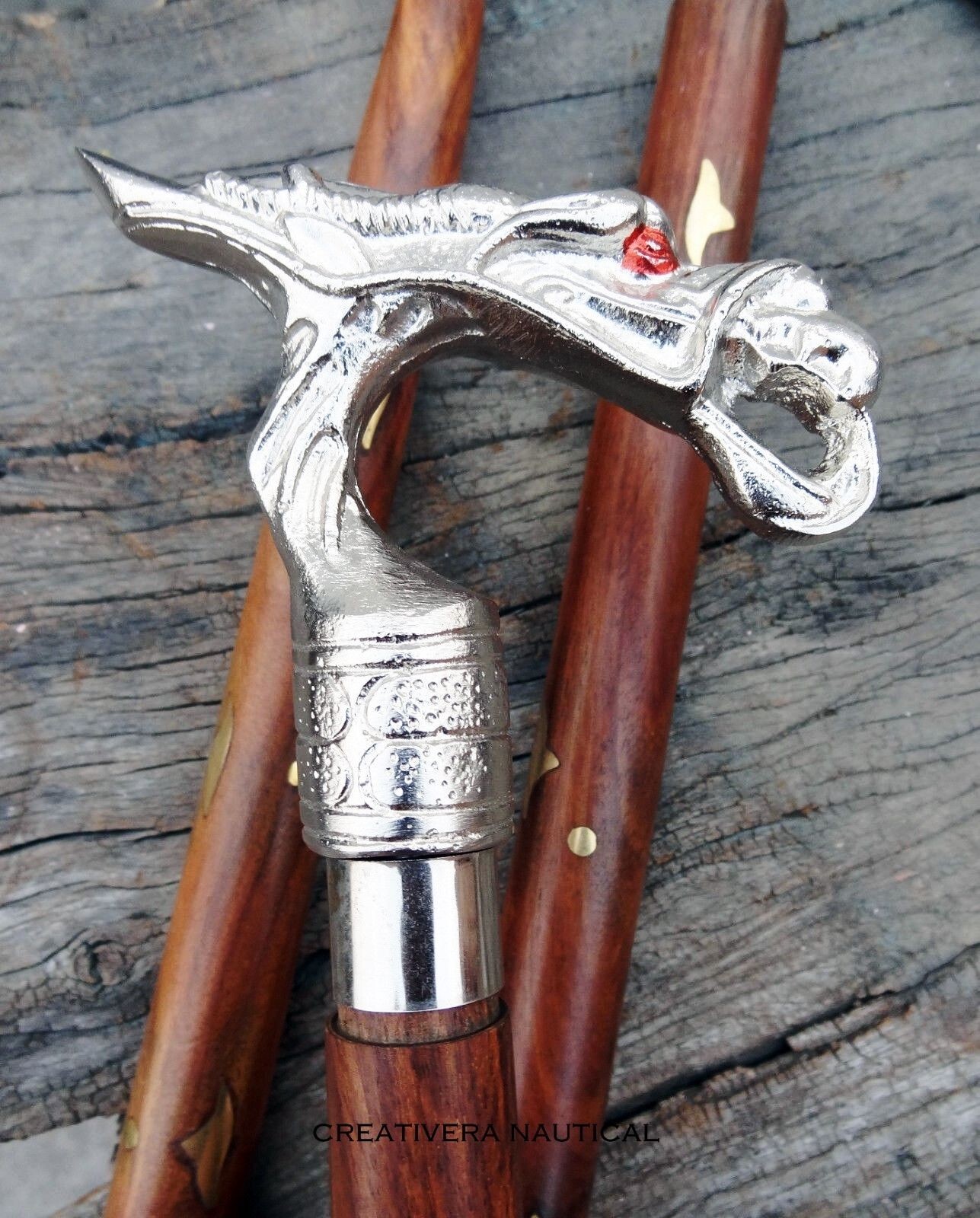 Aluminium Dragon Head Handle Style Brown Round Wooden… - Gem