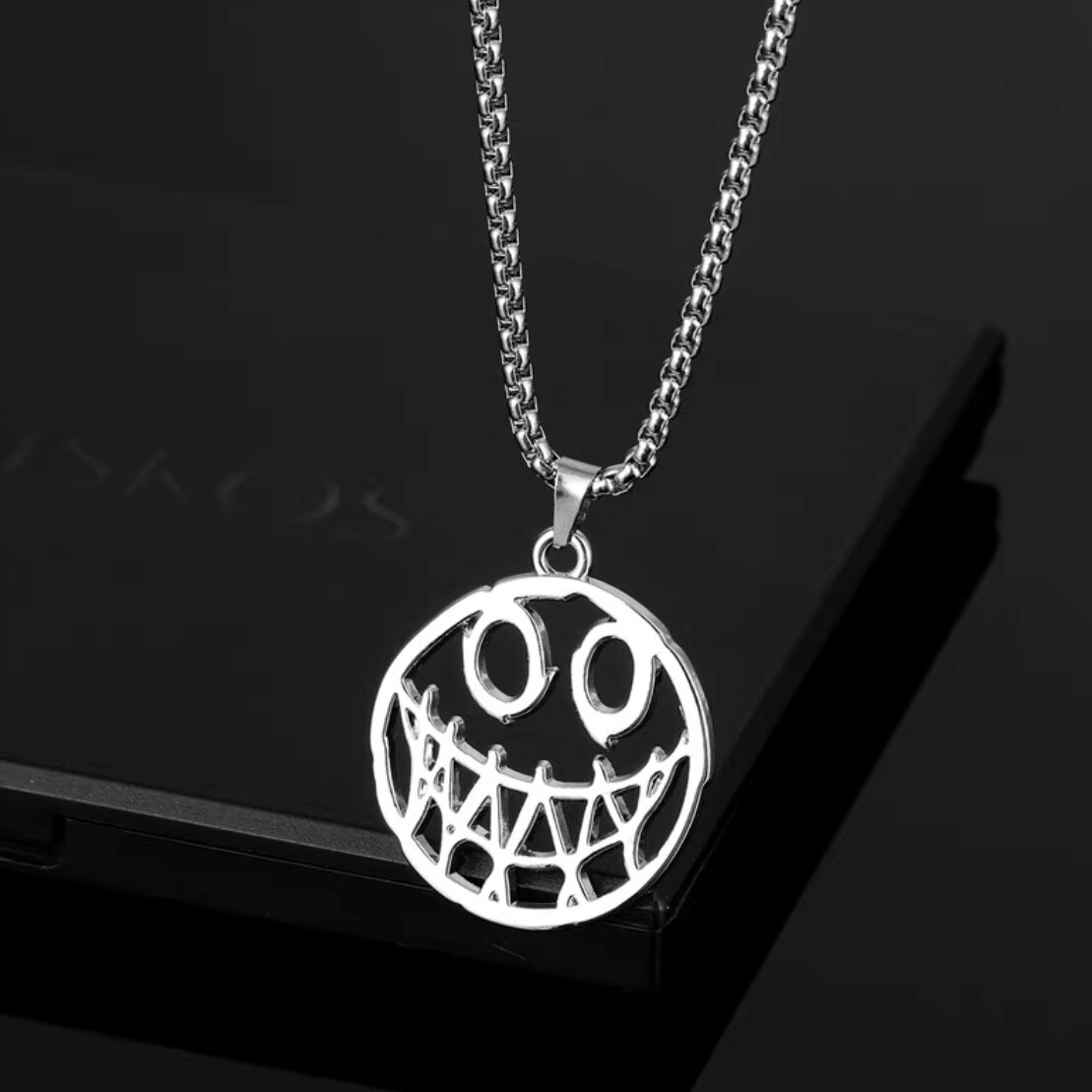 Mens Womens Silver Evil Smile Face Pendant Punk Gothic Biker Necklace ...