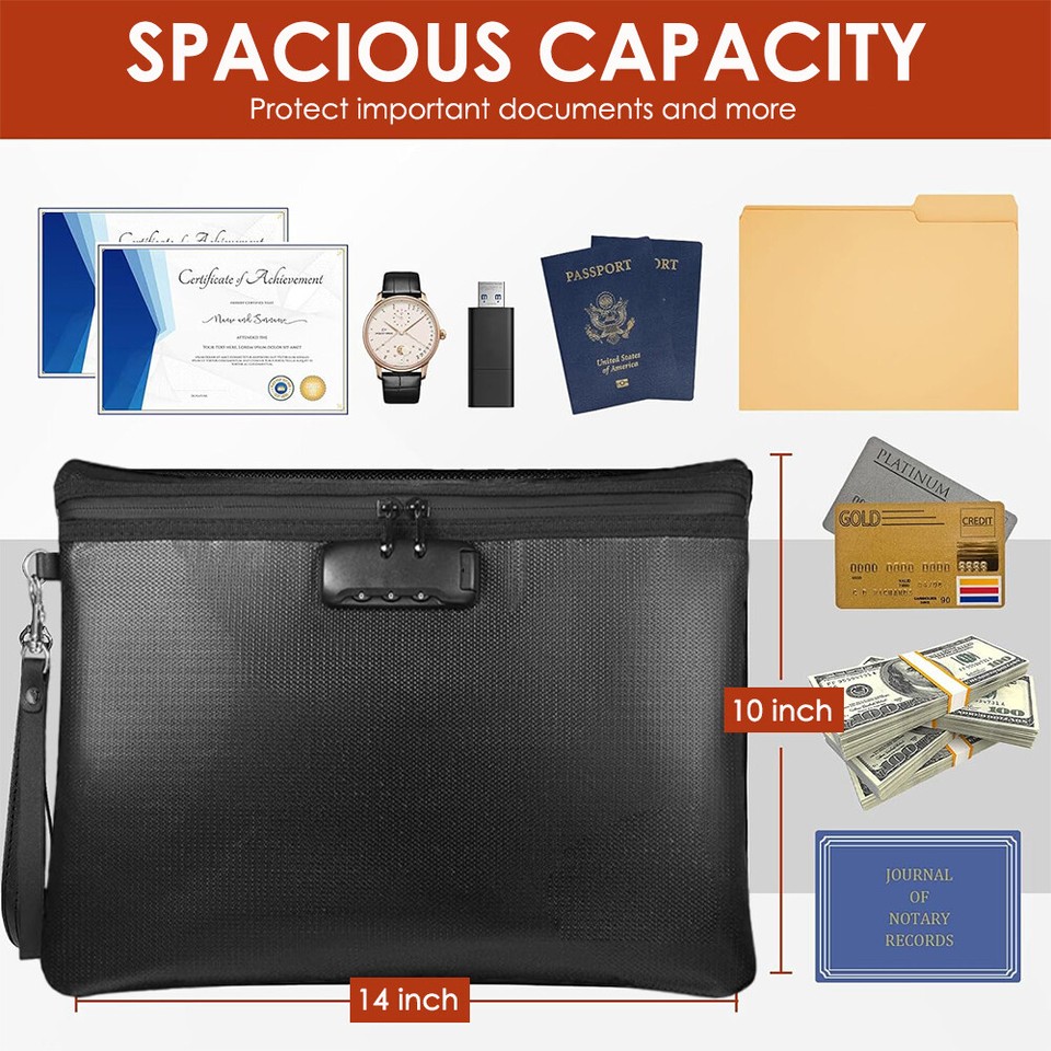 Fireproof Document Bag with Lock Waterproof Secure Zipper Closure Money ...