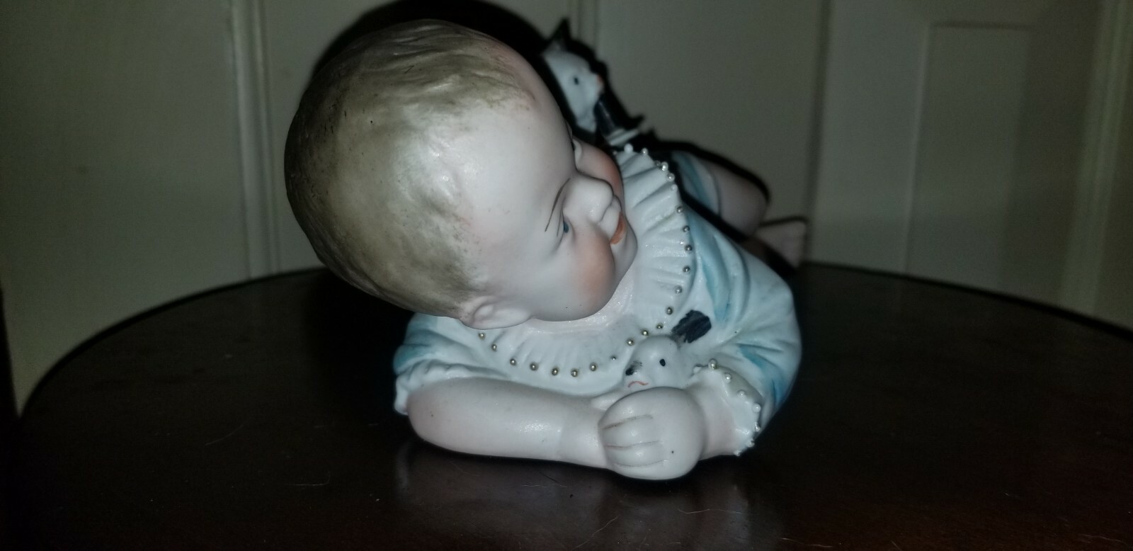 ANTIQUE GERMAN BABY WITH CAT pacifier & RABBIT BISQUE FIGURINE PIANO ...