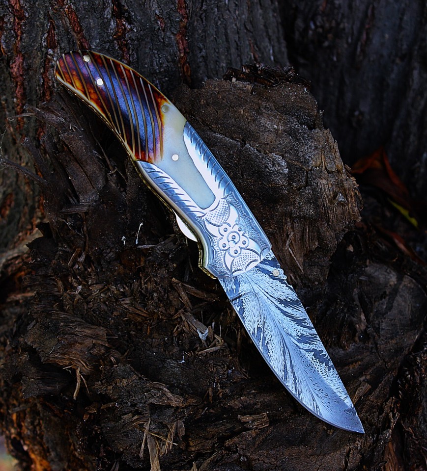 Handmade Feather Damascus steel Liner Lock pocket Folding Outdoor ...