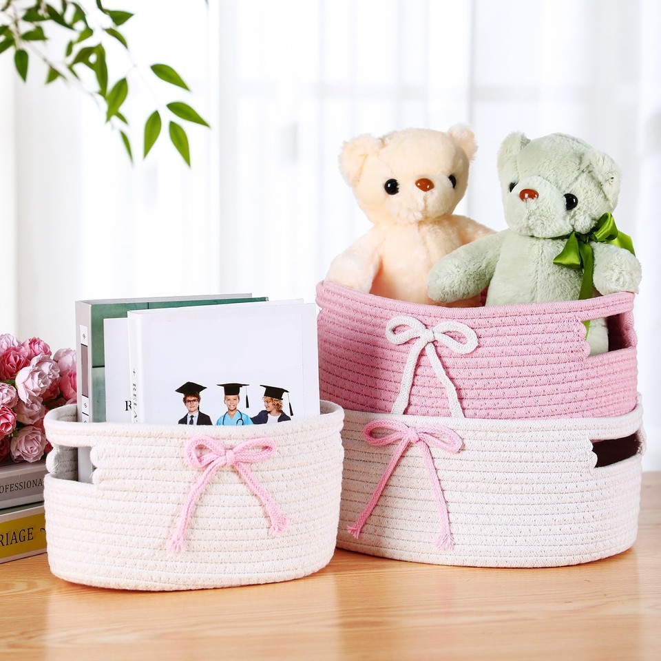 3 Pieces Coquette Bow Laundry Hamper Cotton Rope Storage Basket Bow ...