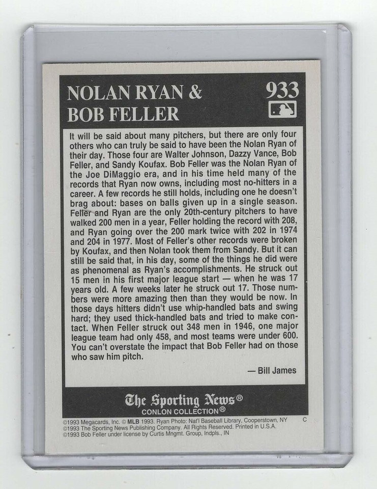 1993 Conlon Collection * The Sporting News * Nolan Ryan & Bob Feller ...