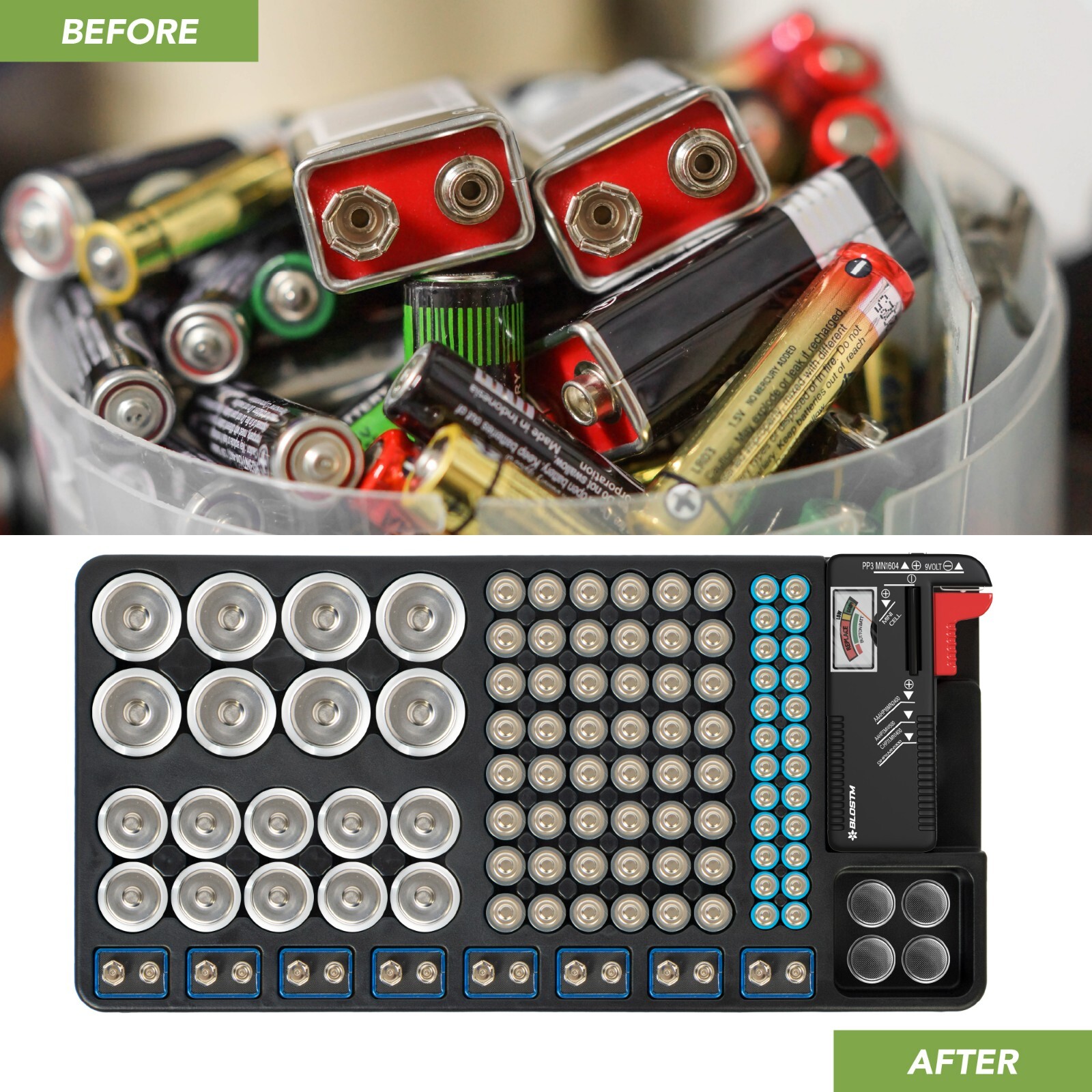 BLOSTM Battery Organiser/Storage Box 110 Battery Slots Inc Uni Battery ...