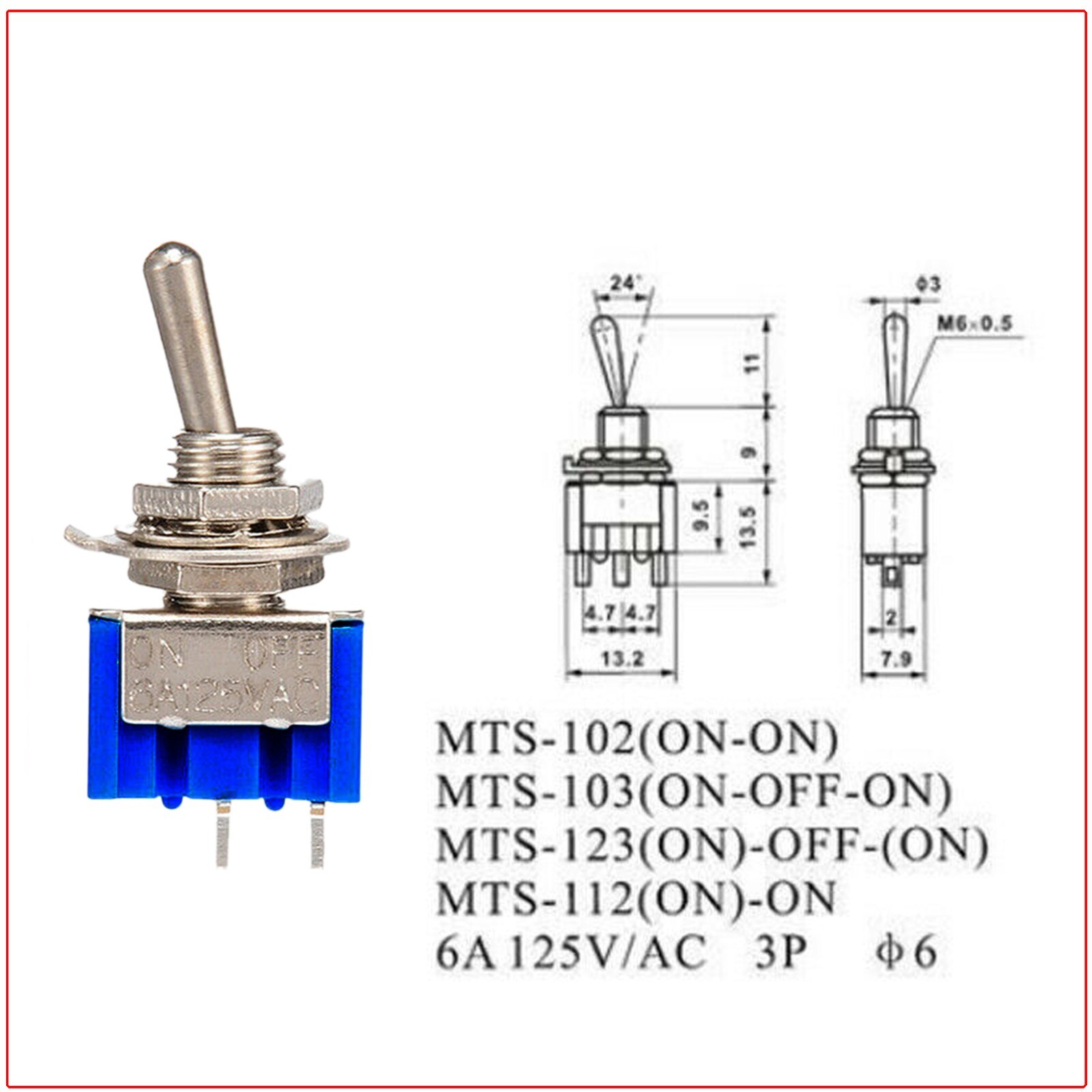 20Pcs MTS-101 2 Position Toggle Switch Kit 2 Pin SPST ON-OFF 6A 125VAC ...