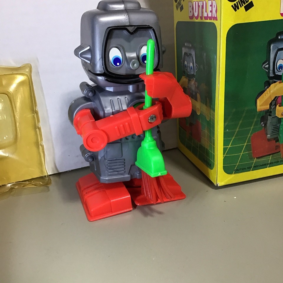 Vintage Windup Robot Butler Sweeping Sideways Walking Action Wind Up W ...