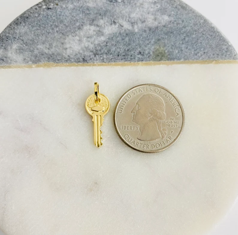 14K Solid Yellow Gold Key Pendant - 22mm x 9mm Small Gold Key Charm ...