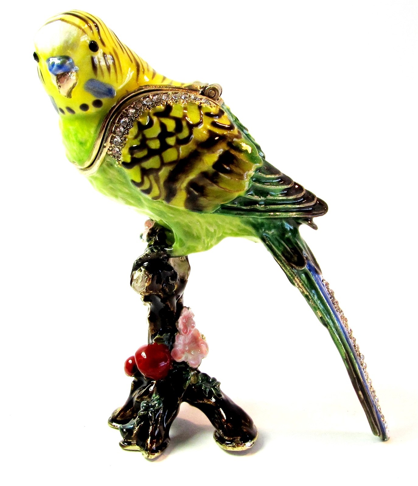 Budgerigar or Budgie on Branch Jewelled Bird Trinket Box or Figurine ...