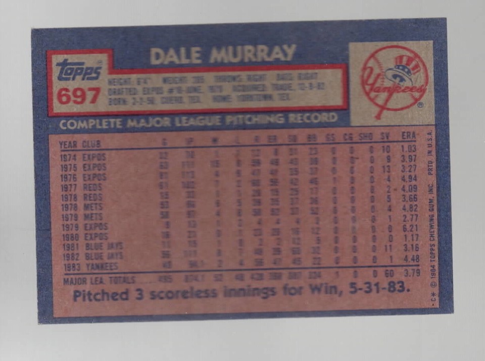 1984 Topps #697 Dale Murray NM/Mint | eBay