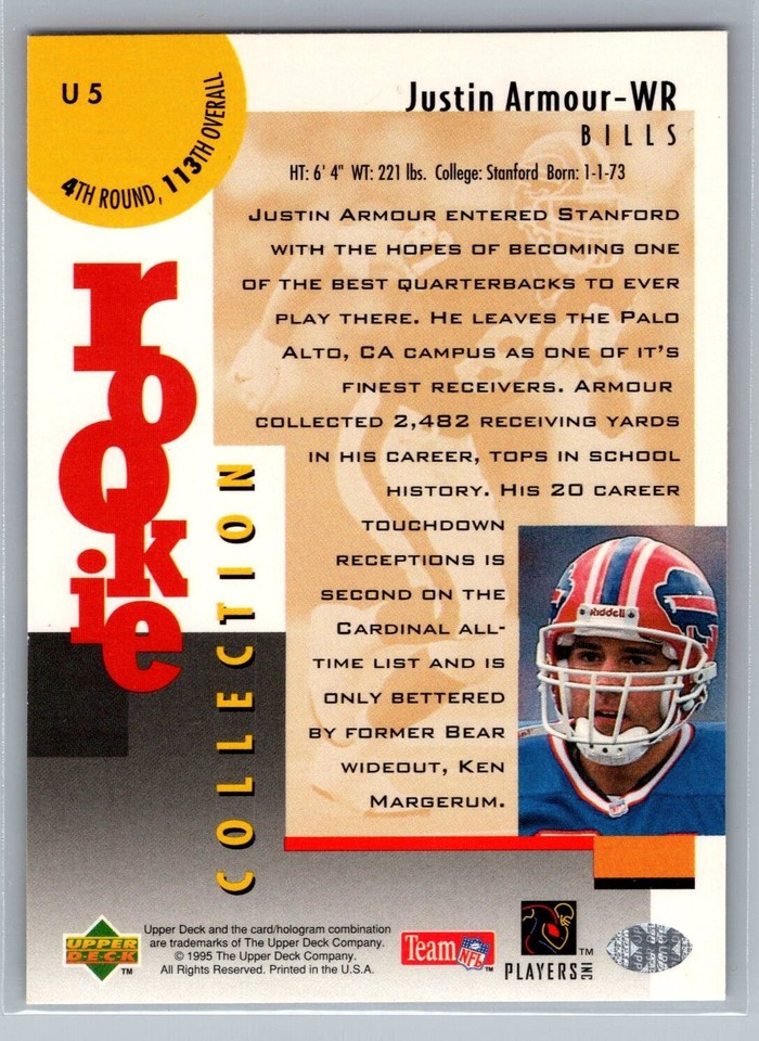 1995 UPPER DECK ROOKIE CARD # U5 Justin Armour - Buffalo Bills | eBay