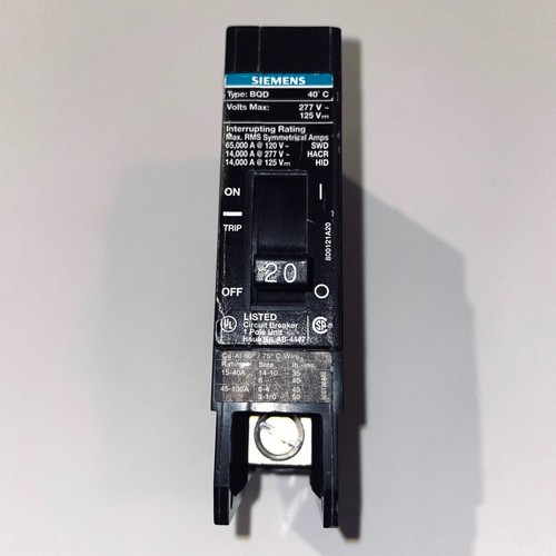 Siemens BQD120 20 AMP Bolt-On Circuit Breaker 277 VAC 1 POLE 14kA@277V ...