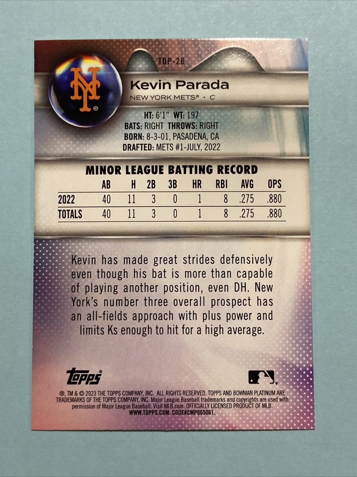 Kevin Parada 2023 Bowman Platinum Top Prospects New York Mets #TOP-28 ...