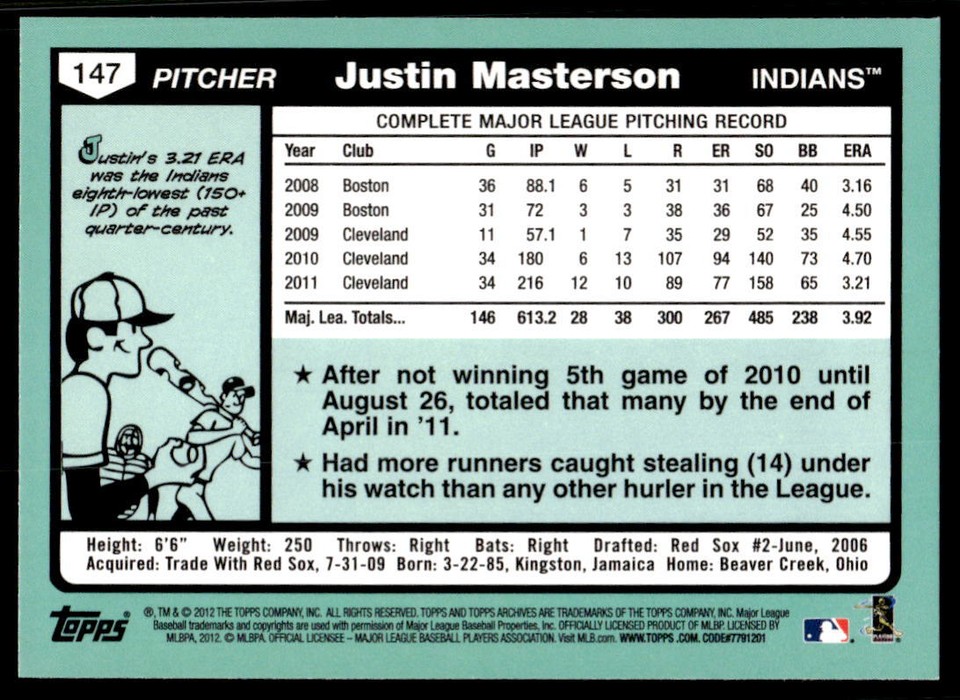 2012 Topps Archives 147 Justin Masterson Cleveland Indians Baseball ...