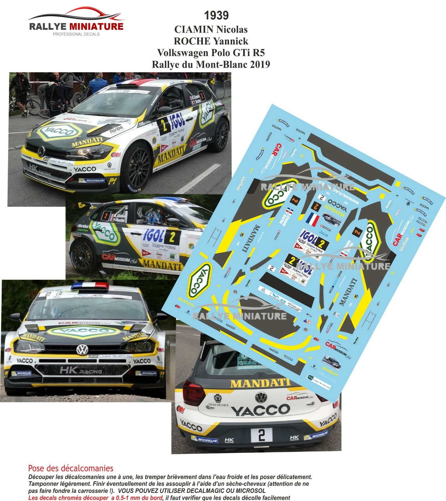 DECALS 1/18 REF 1939 VW VOLKSWAGEN POLO CIAMIN RALLYE MONT BLANC 2019 ...