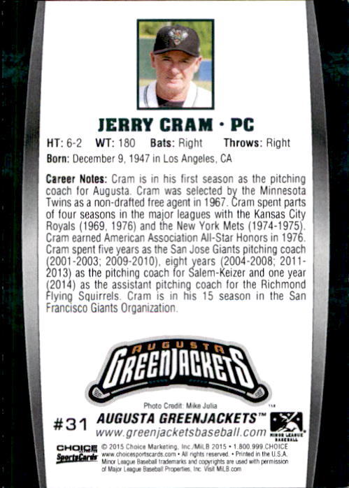 2015 Augusta Greenjackets Choice #31 Jerry Cram Los Angeles California ...
