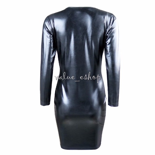 Women's Deep V-neck mini party sexy bodycon leather DRESS PVC WET LOOK ...