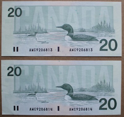 1991 BANK OF CANADA $20 BANKNOTES (2 Consecutive) AWC 9206813-14 Knight ...
