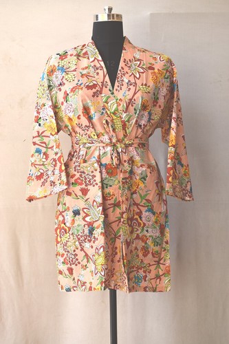 Indian Peach Floral 100%Cotton Robe Short Kimono Sleepwear Night Suit ...