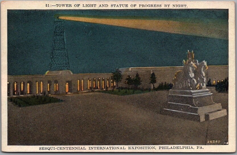 1926 SESQUICENTENNIAL EXPO Philly Postcard "Tower of Light & Statue of ...