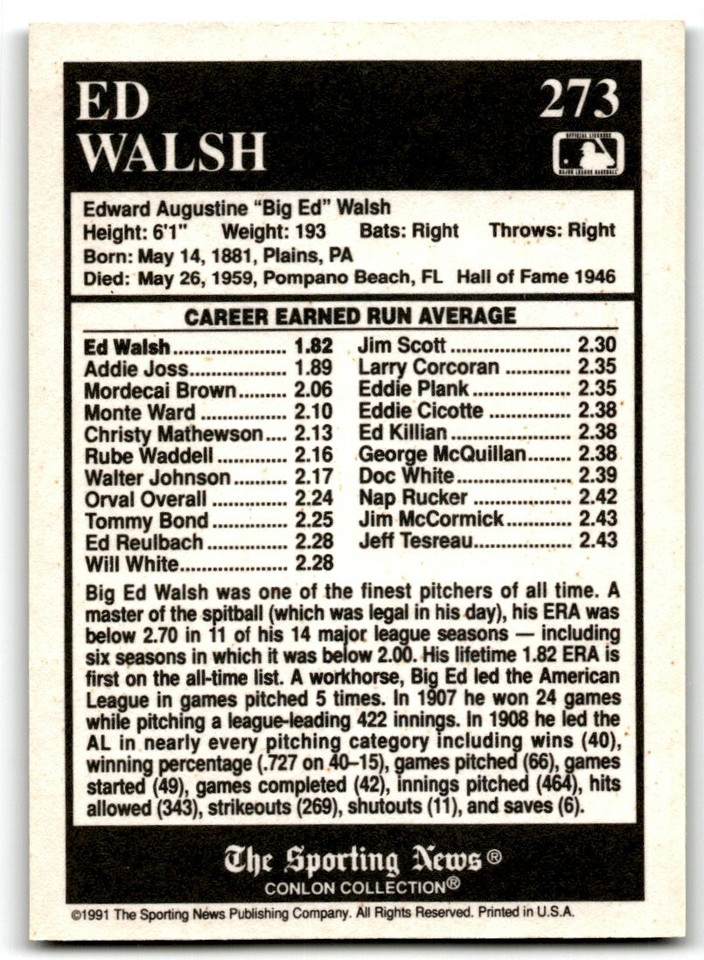 1991 CONLON COLLECTION TSN ED WALSH CHICAGO WHITE SOX #273 | eBay